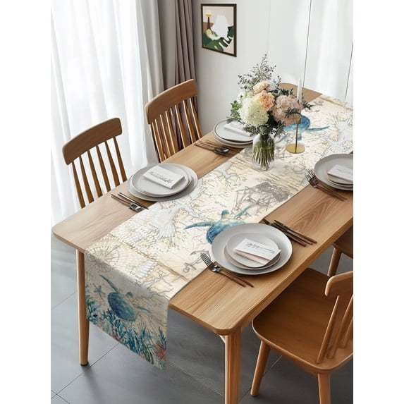Burlap Table Runner 120 Inches Long, Ocean Sea Turtle Seaweed Non-Slip ...