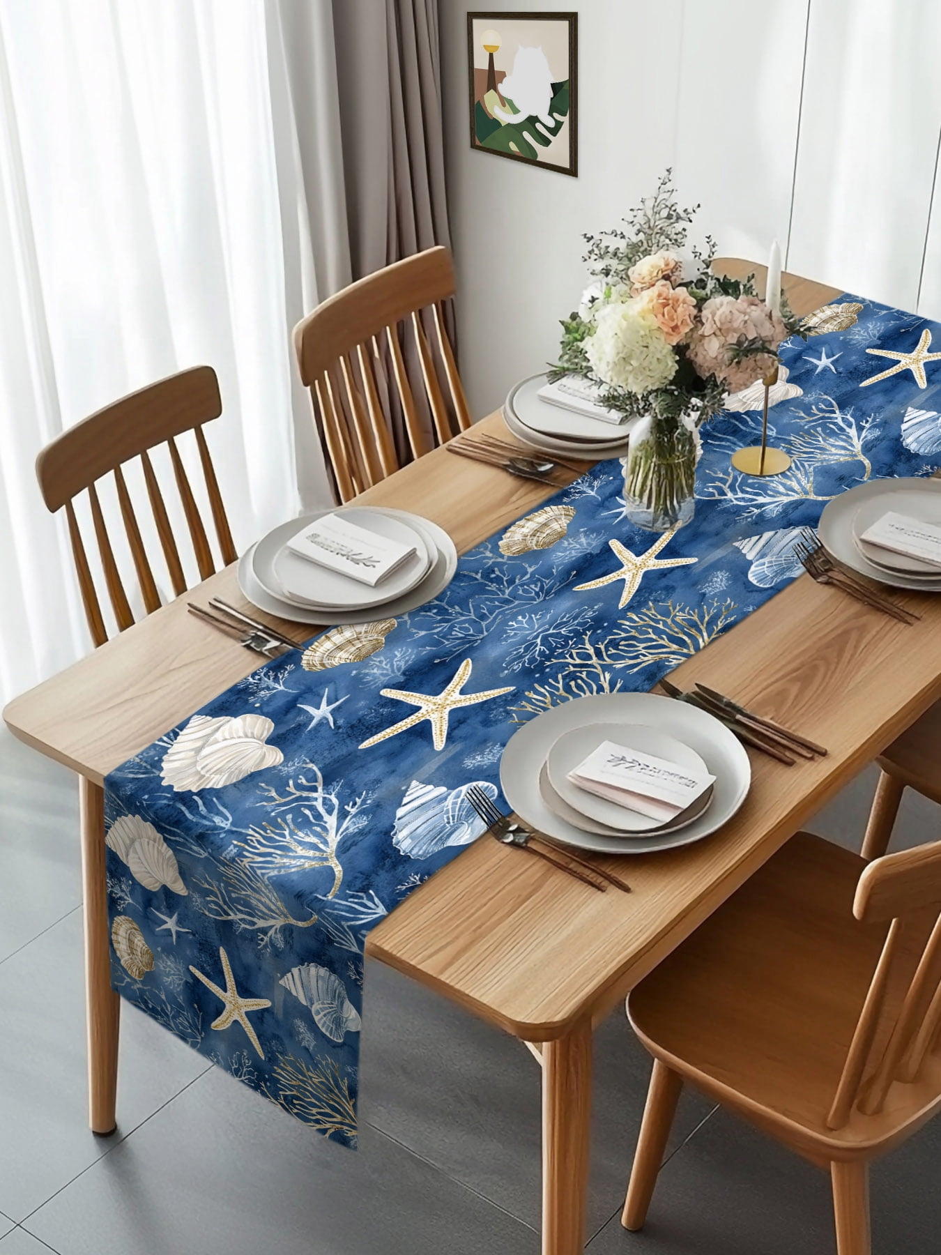 Burlap Table Runner 120 Inches Long, Ocean Starfish Seashell Waves ...