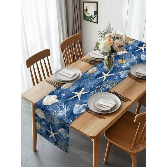 Burlap Table Runner 120 Inches Long, Ocean Starfish Seashell Waves ...