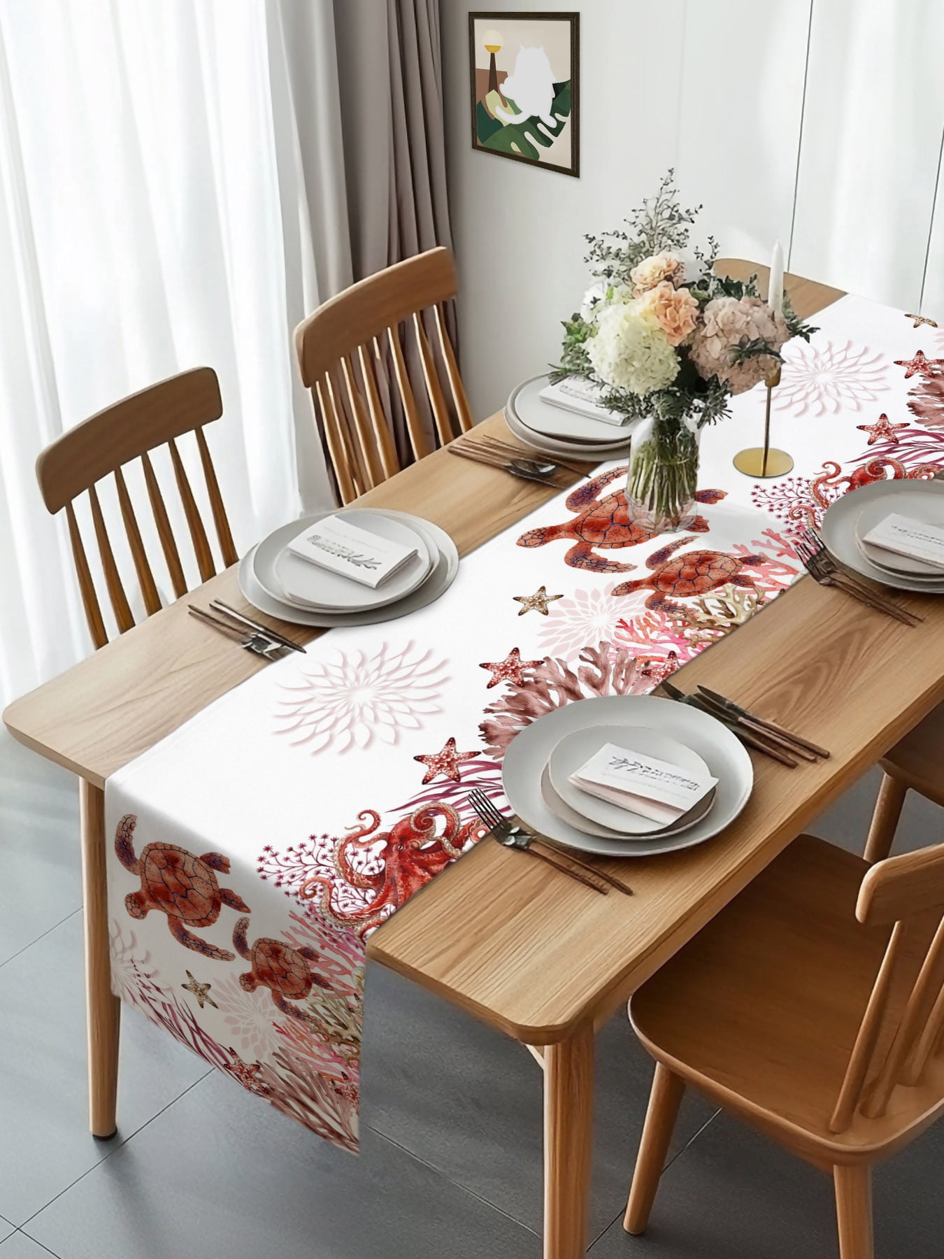 Burlap Table Runner 120 Inches Long, Ocean Turtle Coral Non-Slip ...
