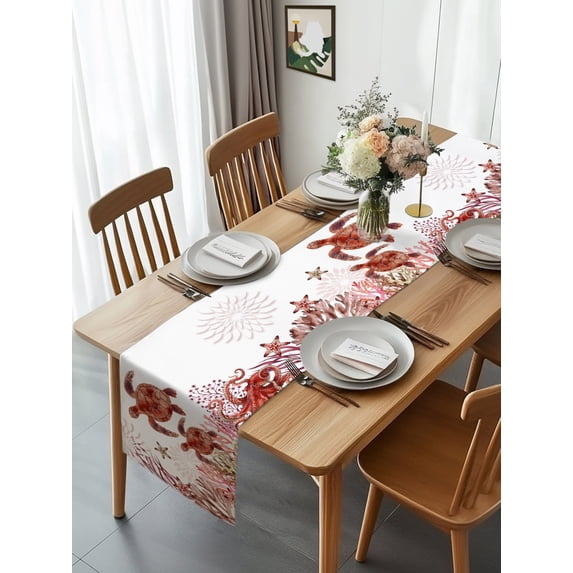 Burlap Table Runner 120 Inches Long, Ocean Turtle Coral Non-Slip ...