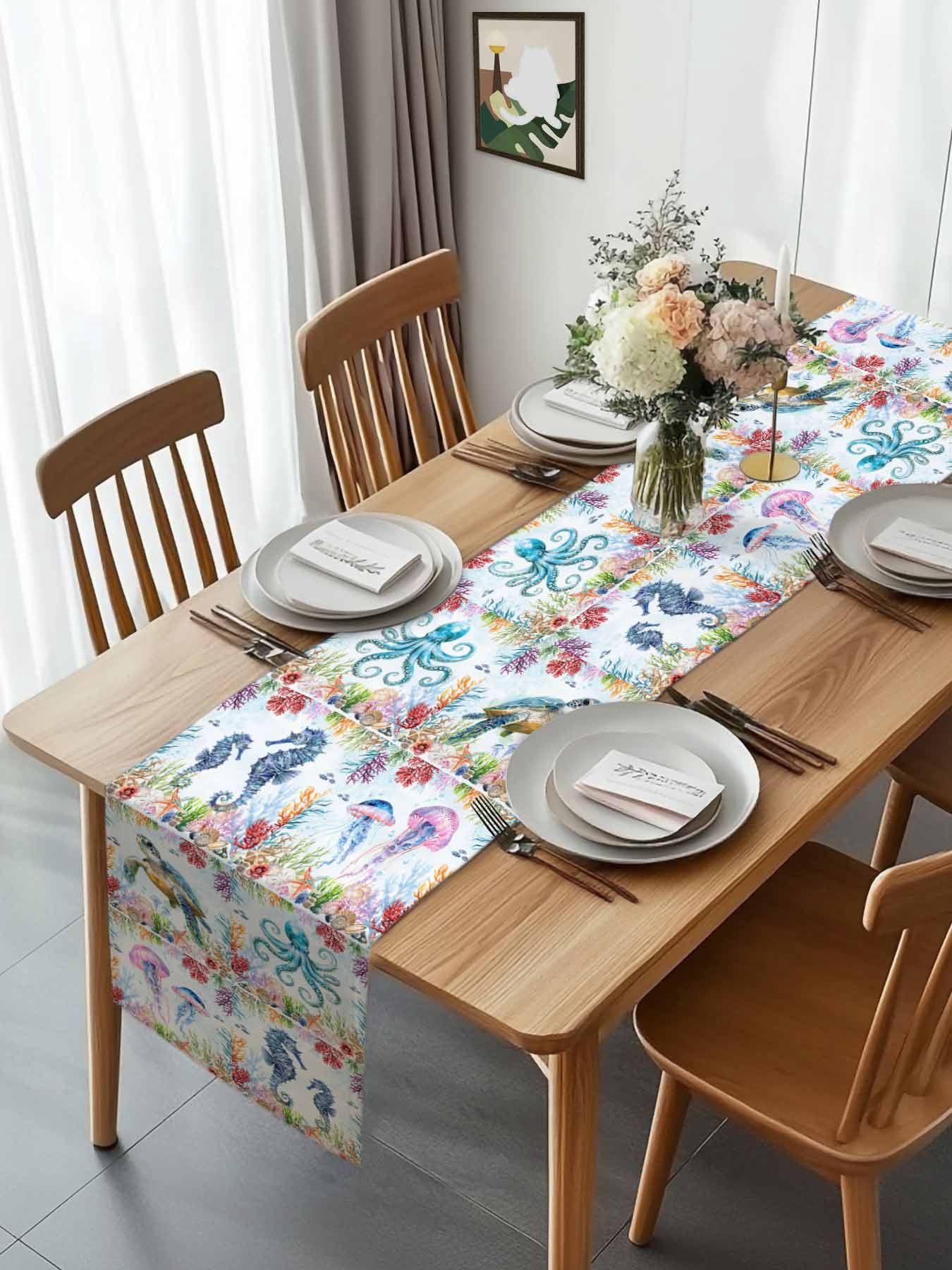 Burlap Table Runner 120 Inches Long, Ocean Turtle Octopus Jellyfish ...
