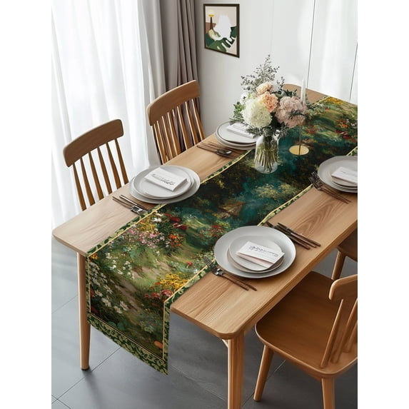 Burlap Table Runner 120 Inches Long, Paintings Style Forests Flowers ...