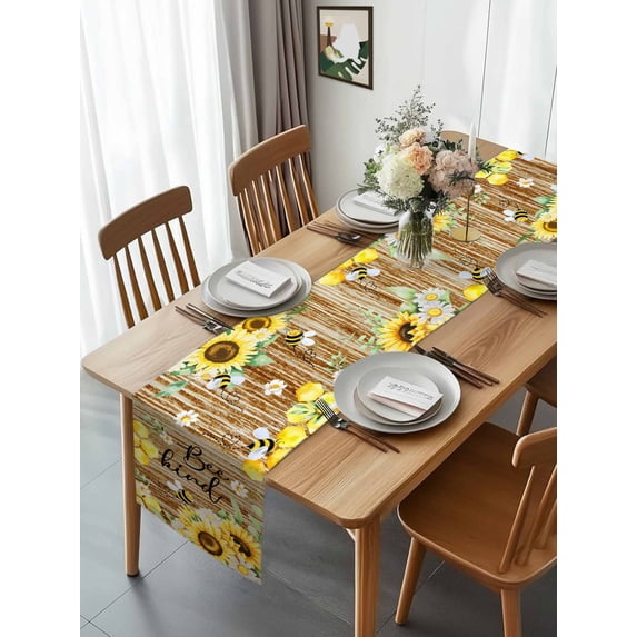 Burlap Table Runner 120 Inches Long, Pastoral White Yellow Flower Bee ...