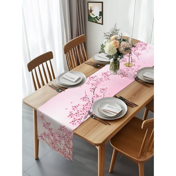 Burlap Table Runner 120 Inches Long, Pink Flower on Branch Non-Slip ...