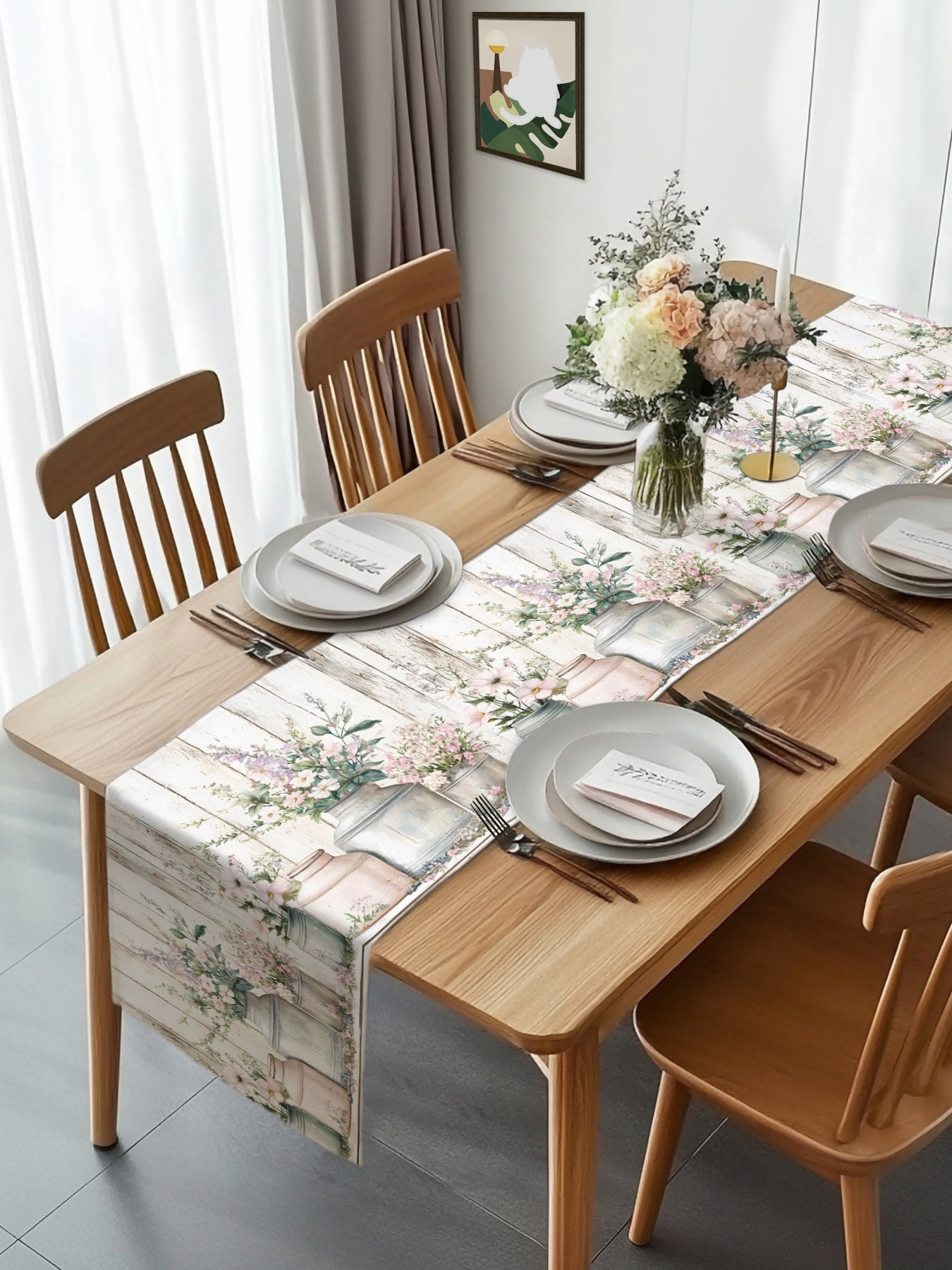 Burlap Table Runner 120 Inches Long, Pink Flower Vase Floral Non-Slip ...