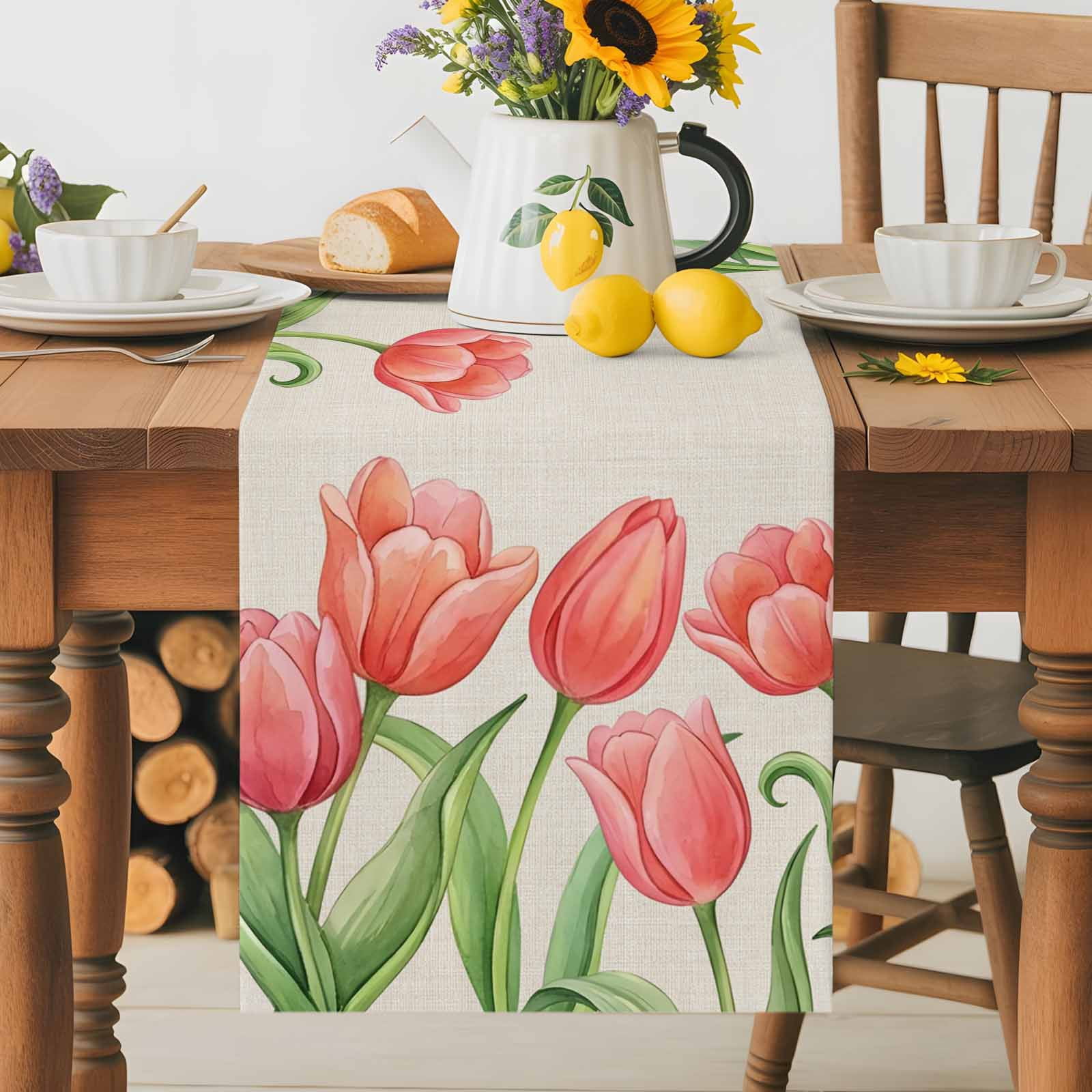 Burlap Table Runner 120 Inches Long, Pink Tulips Spring Pastoral Floral ...