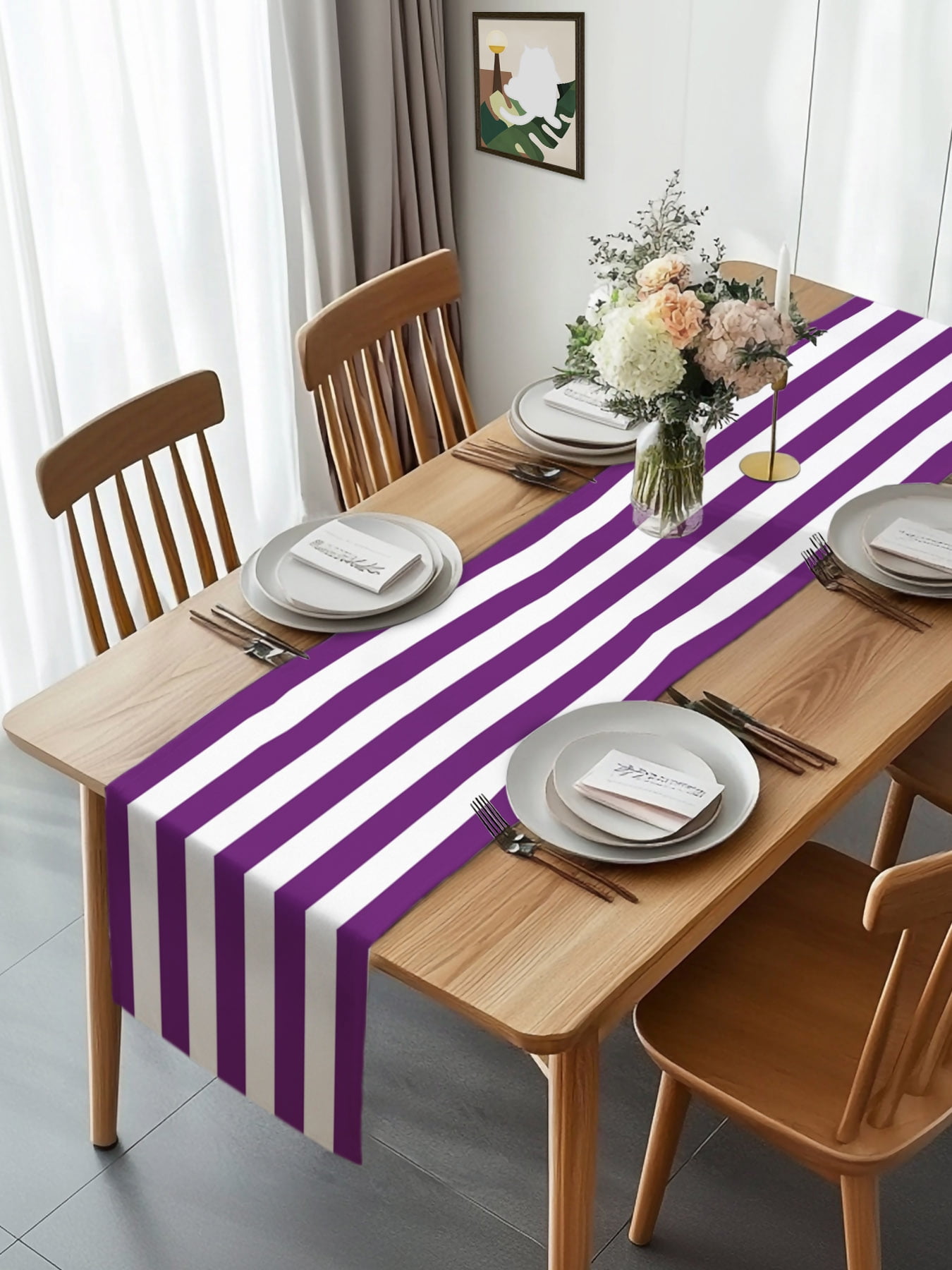 Burlap Table Runner 120 Inches Long, Purple and White Stripes Pattern ...