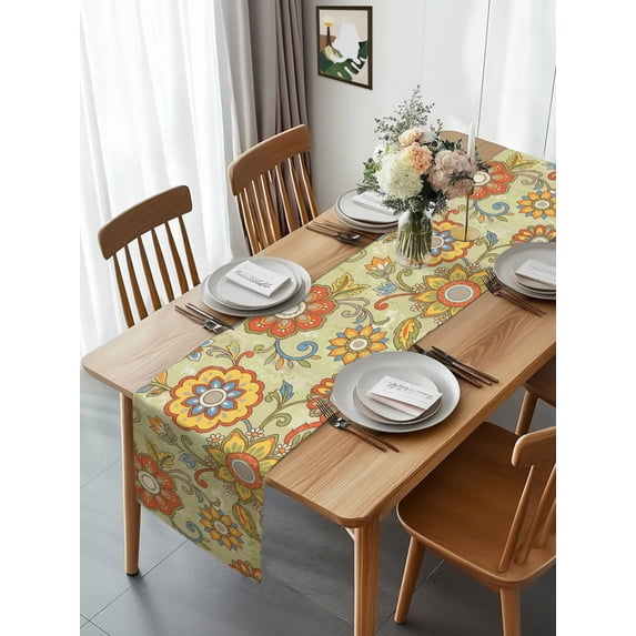 Burlap Table Runner 120 Inches Long, Retro Flowers Abstract Geometric ...