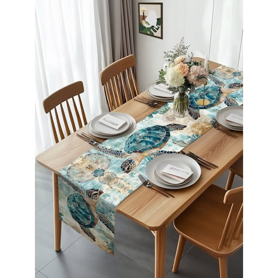 Burlap Table Runner 120 Inches Long, Retro Summer Sea Turtle Non-Slip ...