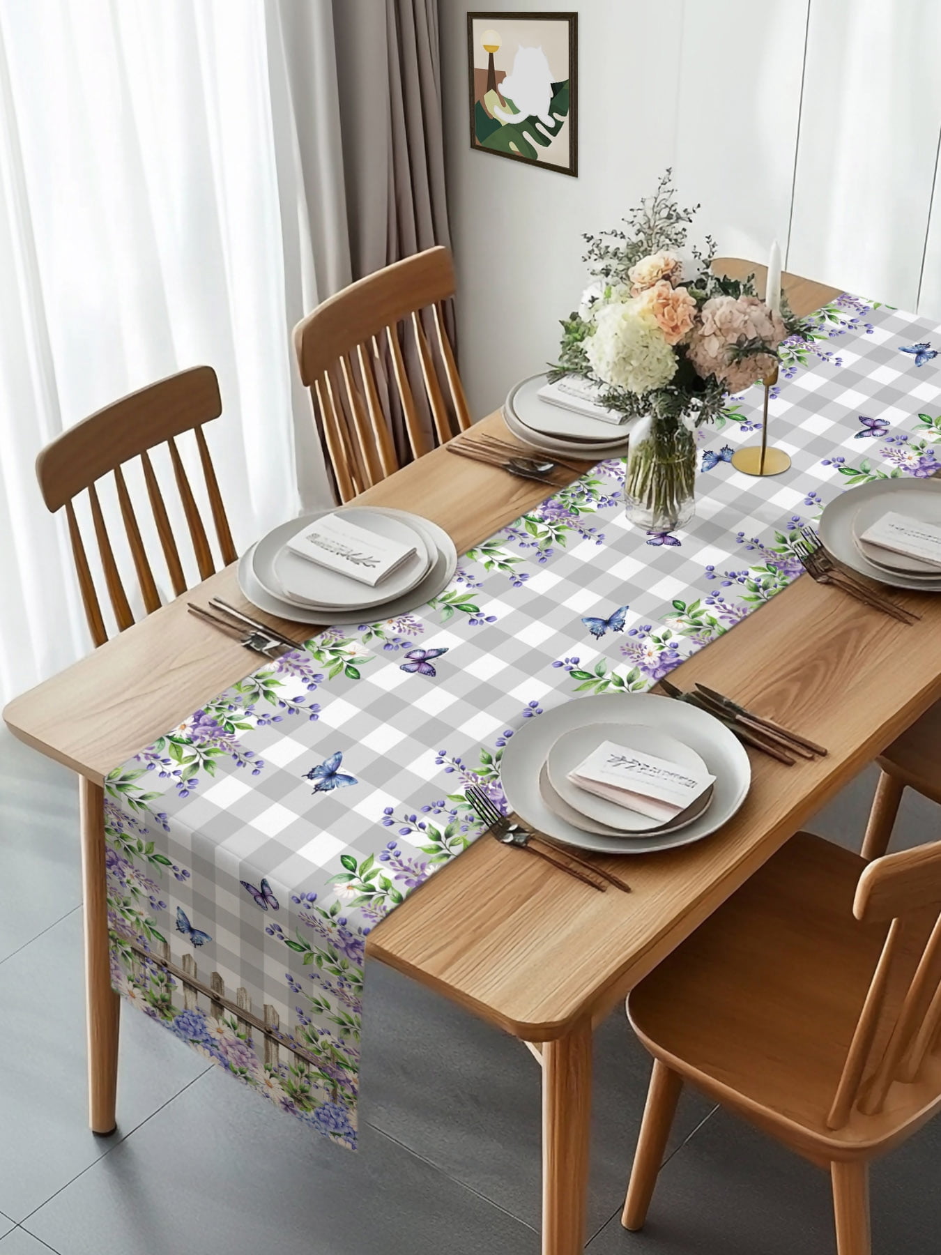 Burlap Table Runner 120 Inches Long, Rustic Flower Leaf Butterfly Non ...