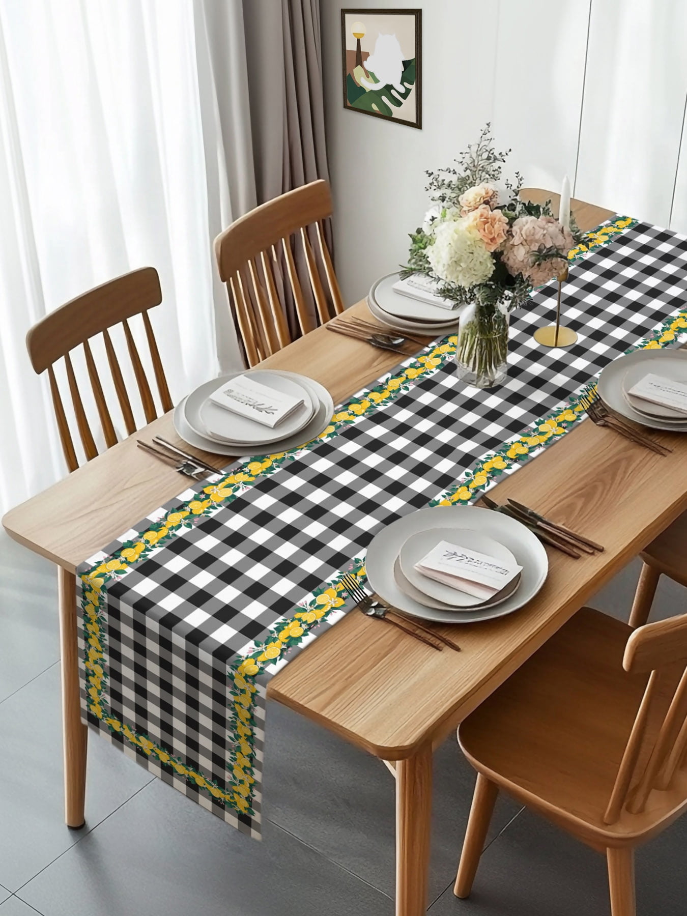 Burlap Table Runner 120 Inches Long, Rustic Lemon Fruit Green Leaves ...