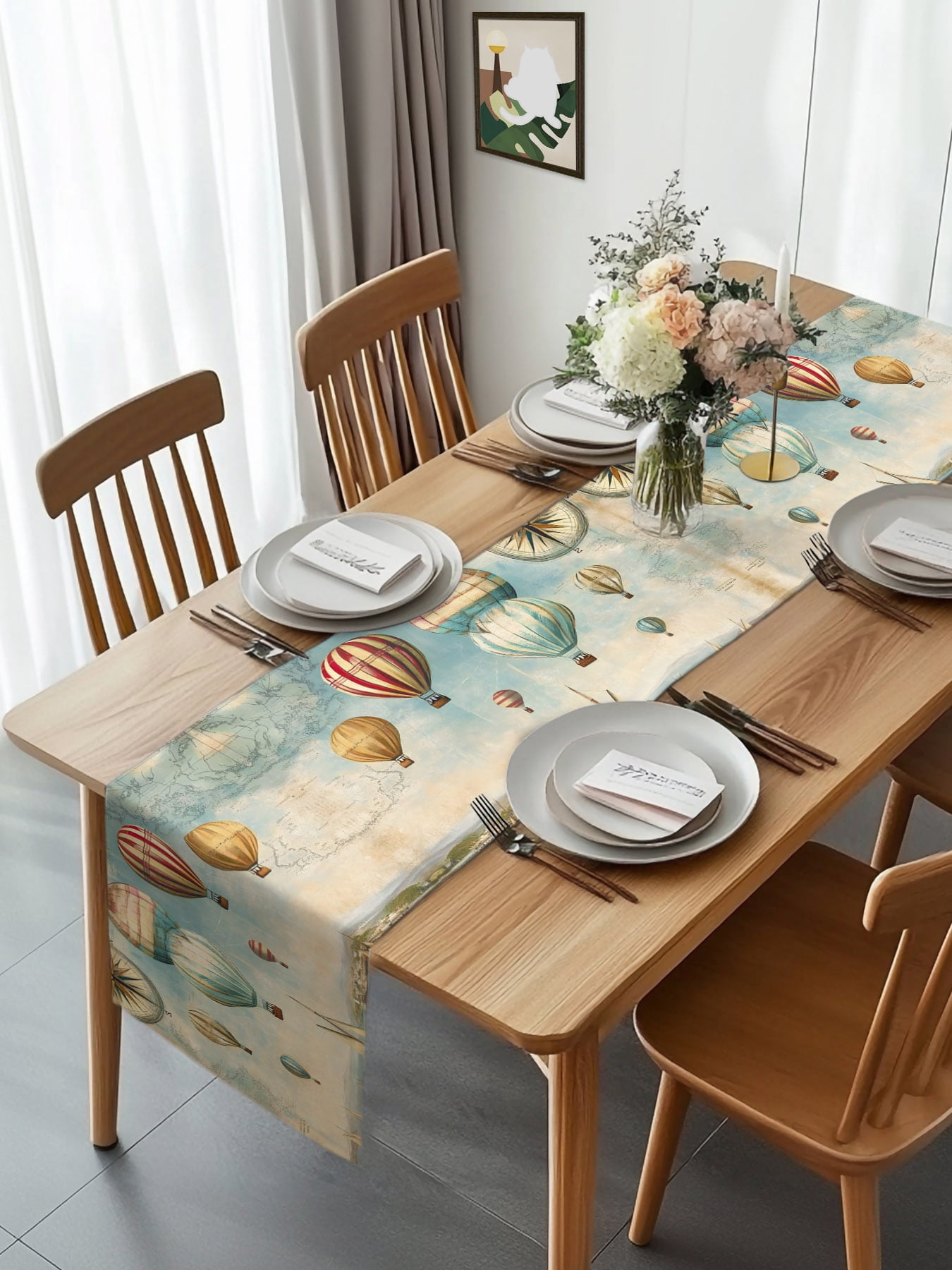 Burlap Table Runner 120 Inches Long, Seaside Sailing Hot Air Balloon ...