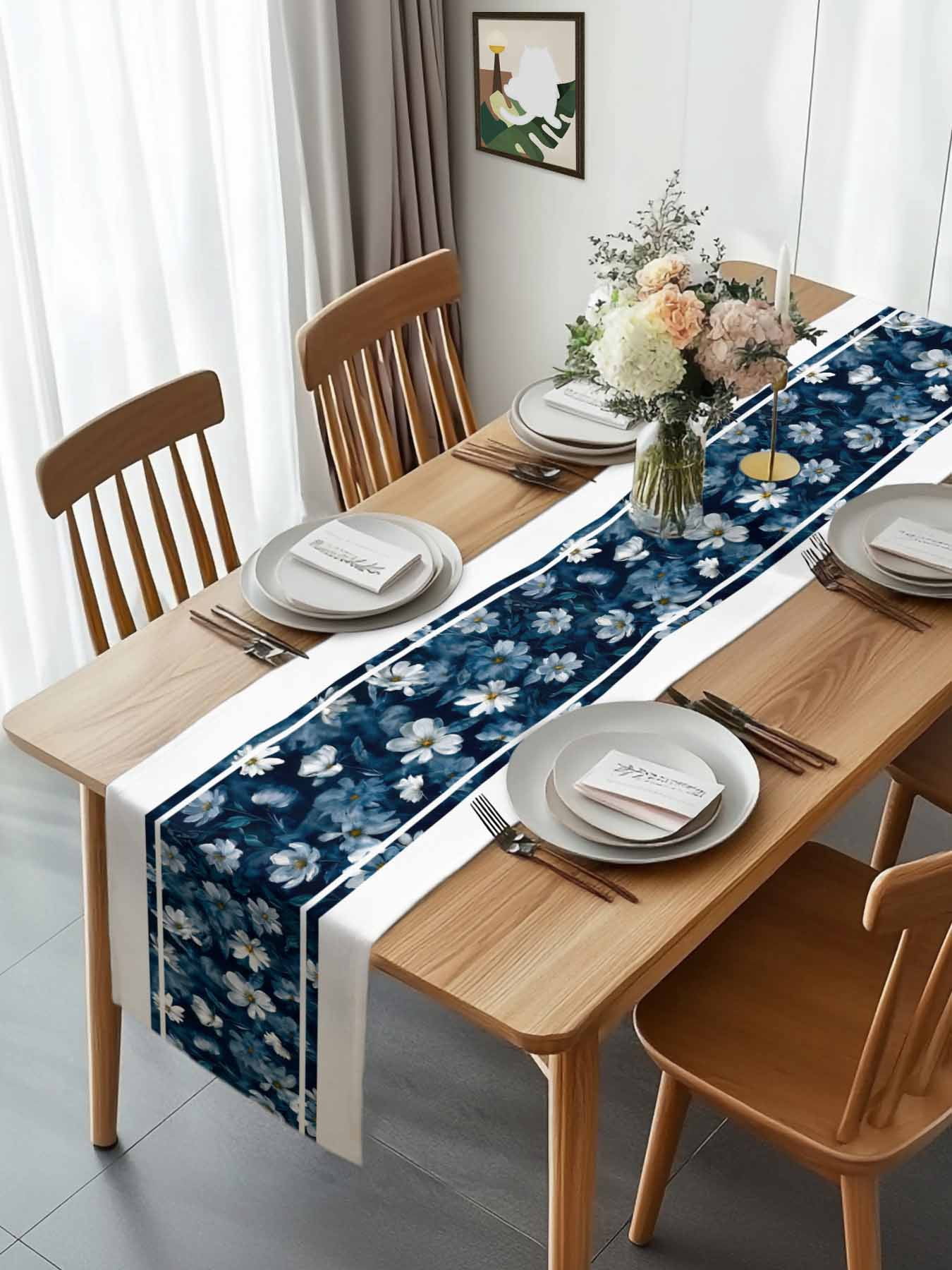 Burlap Table Runner 120 Inches Long, Small White Flowers Non-Slip ...