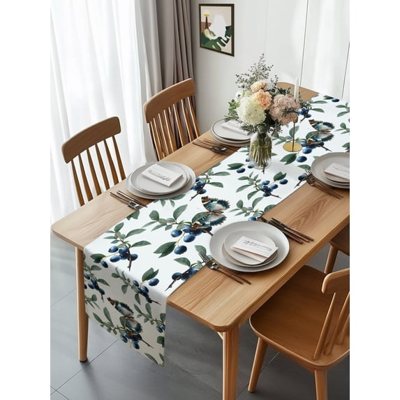 Burlap Table Runner 120 Inches Long, Spring Butterfly Blue Berry Leaf ...