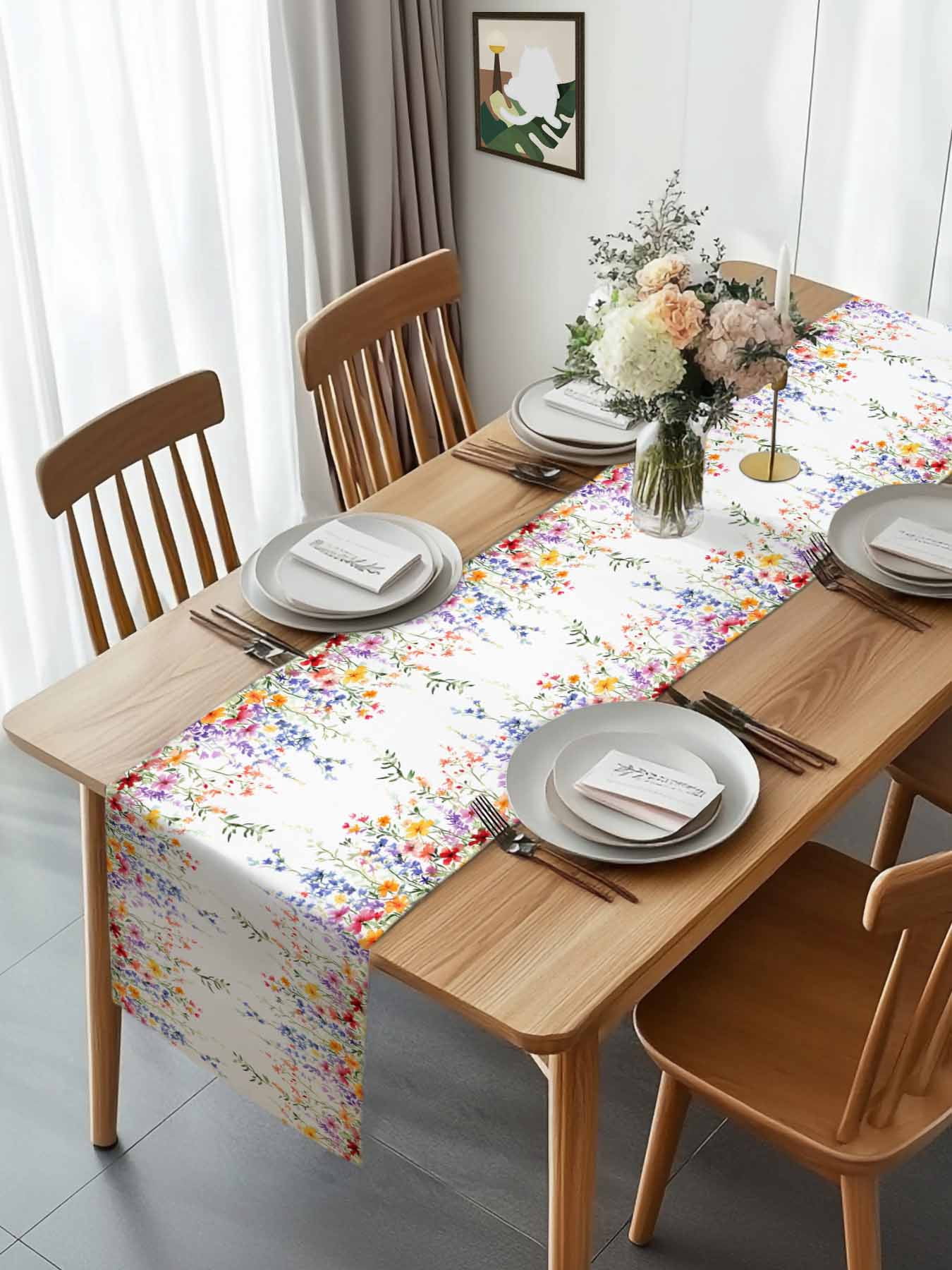 Burlap Table Runner 120 Inches Long, Spring Colorful Flower on White ...