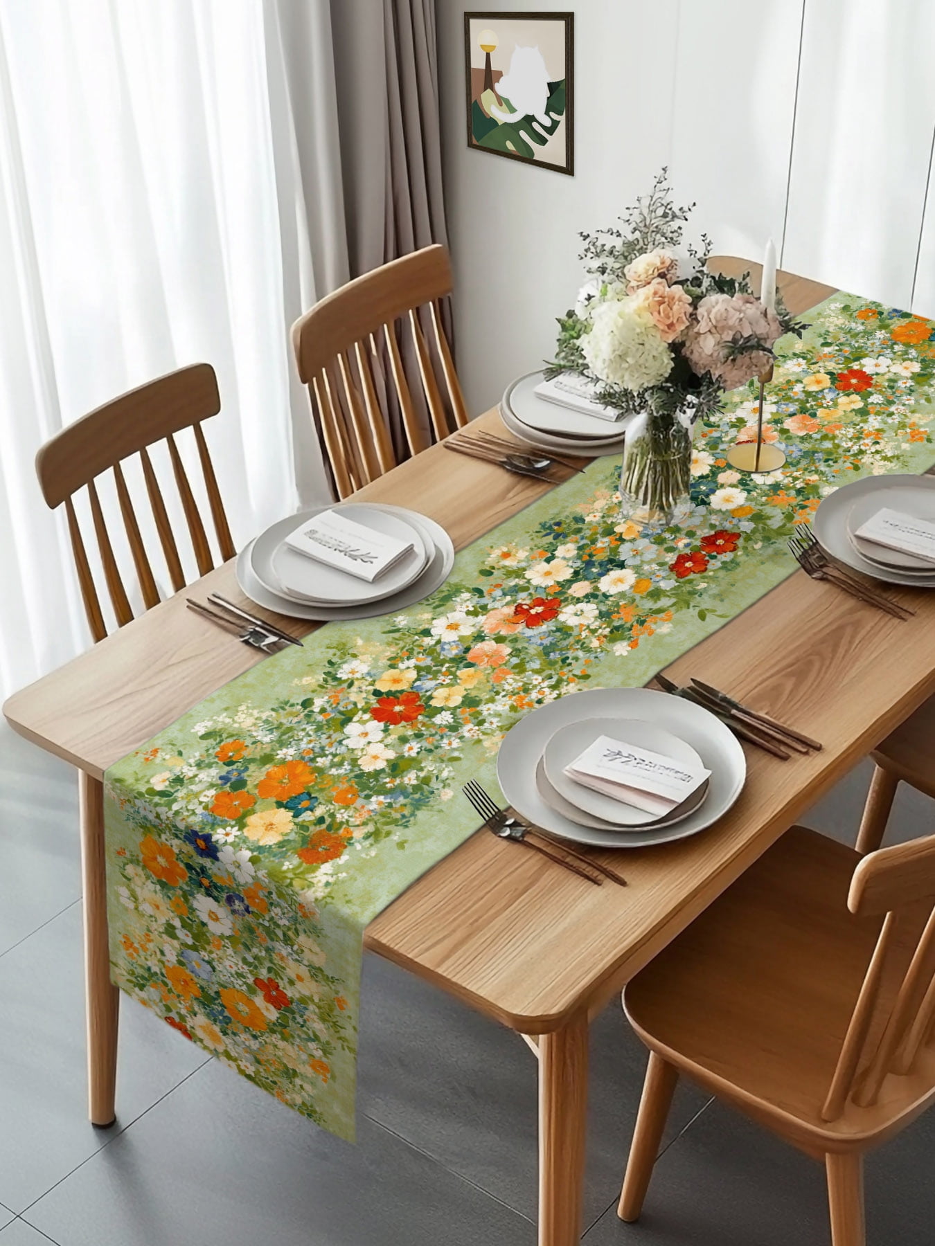 Burlap Table Runner 120 Inches Long, Spring Flower Oil Painting Art Non ...