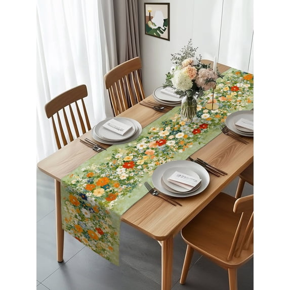Burlap Table Runner 120 Inches Long, Spring Flower Oil Painting Art Non ...