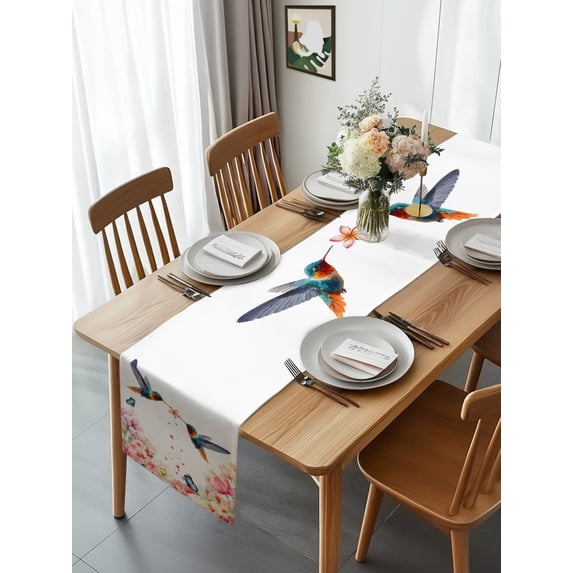 Burlap Table Runner 120 Inches Long, Spring Hummingbird Blossom Flower ...