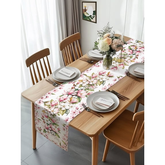 Burlap Table Runner 120 Inches Long, Spring Pink White Magnolia Flower ...
