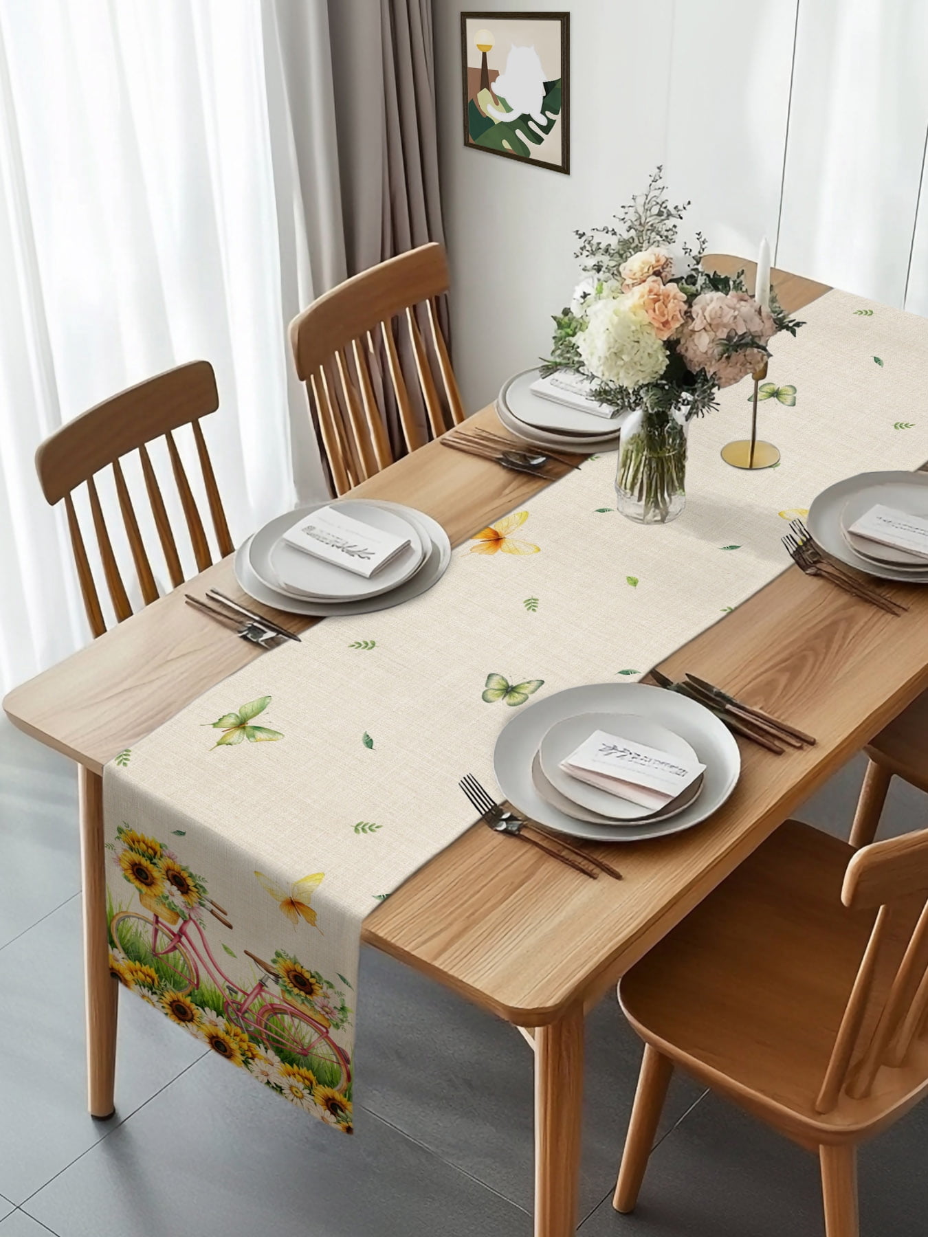 Burlap Table Runner 120 Inches Long, Spring Sunflowers Butterflies Non ...