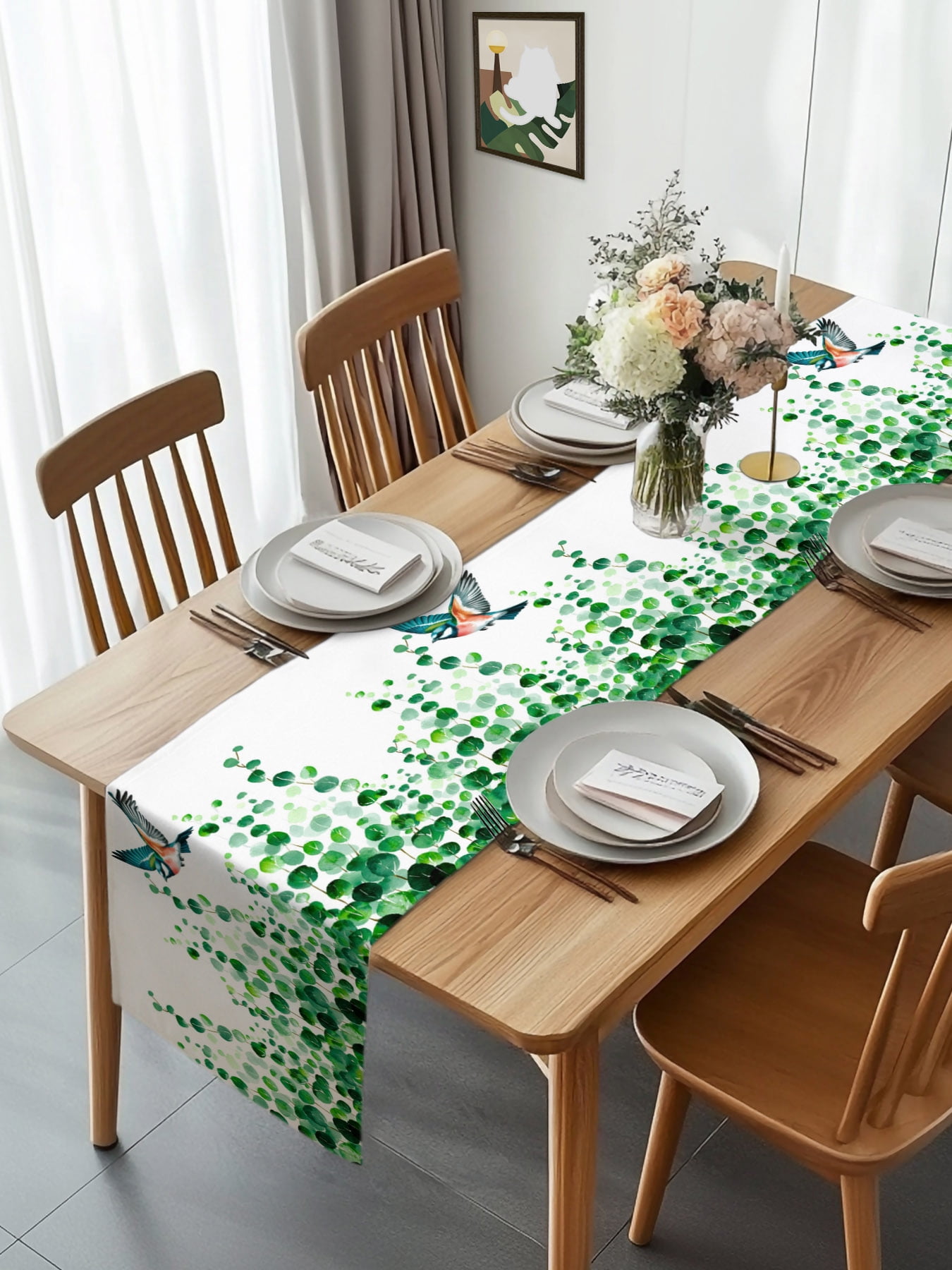 Burlap Table Runner 120 Inches Long, Spring Watercolor Leaves Non-Slip ...