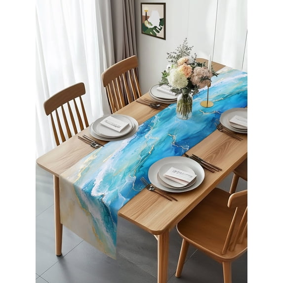 Burlap Table Runner 120 Inches Long, Summer Blue Ocean Waves Sand Non ...