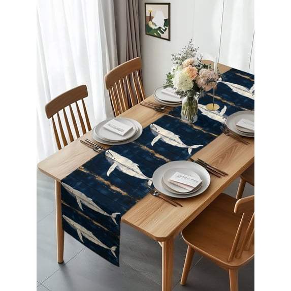 Burlap Table Runner 120 Inches Long, Summer Blue Ocean Whale Non-Slip ...