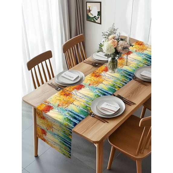 Burlap Table Runner 120 Inches Long, Summer Forest Orange Green Tree ...