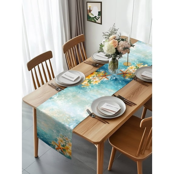 Burlap Table Runner 120 Inches Long, Summer Ocean Starfish Flowers Non ...