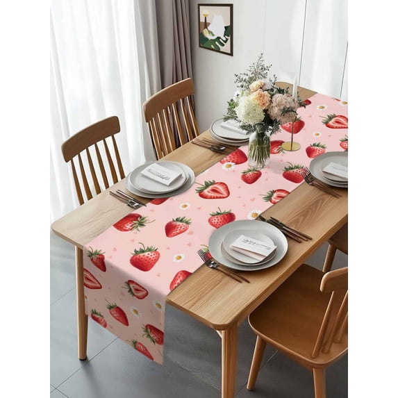 Burlap Table Runner 120 Inches Long, Summer Strawberry on Pink Non-Slip ...