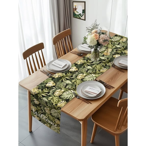 Burlap Table Runner 120 Inches Long, Summer Welcome Text Palm Leaf Non ...