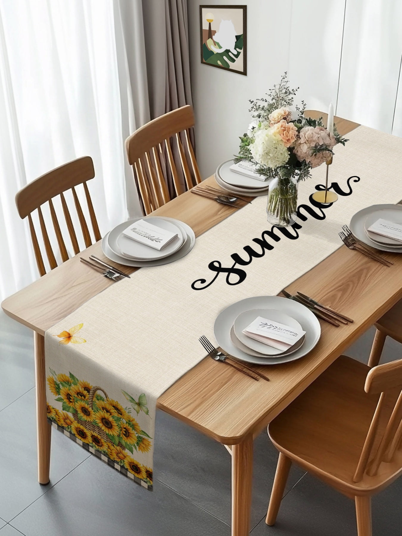 Burlap Table Runner 120 Inches Long, Summer Words Farm Sunflowers Non ...
