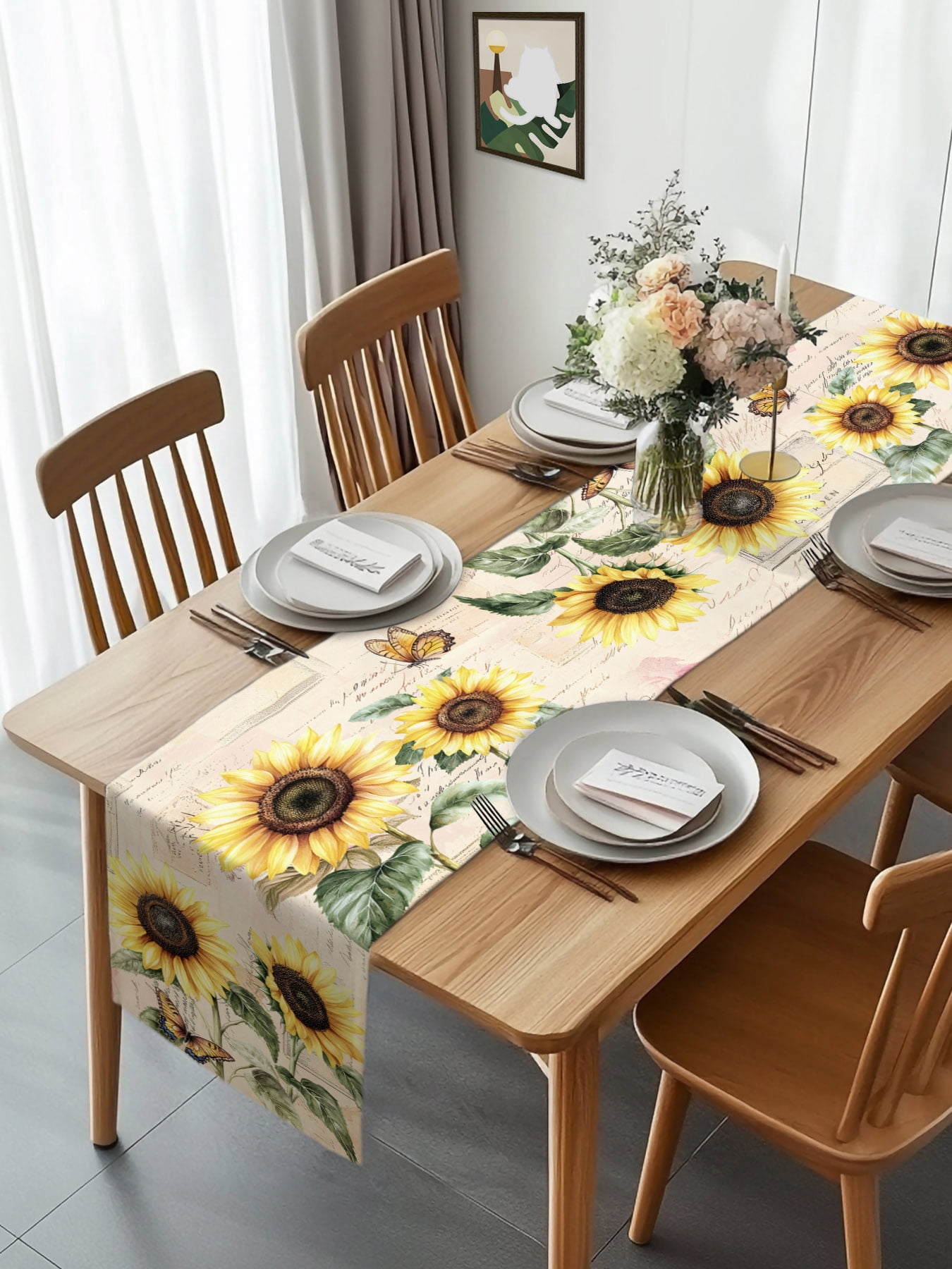 Burlap Table Runner 120 Inches Long, Sunflower Butterfly Flower on ...