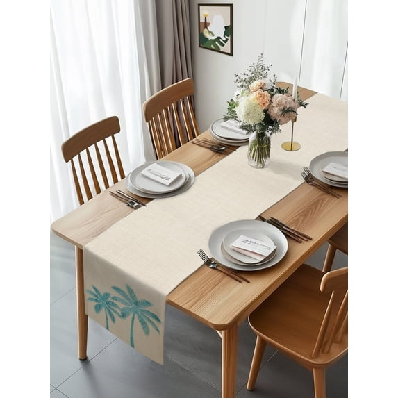 Burlap Table Runner 120 Inches Long, Teal Palm Tree Silhouette on Linen ...