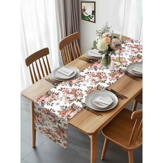 Burlap Table Runner 120 Inches Long, Thanksgiving Pumpkin Pink Floral ...