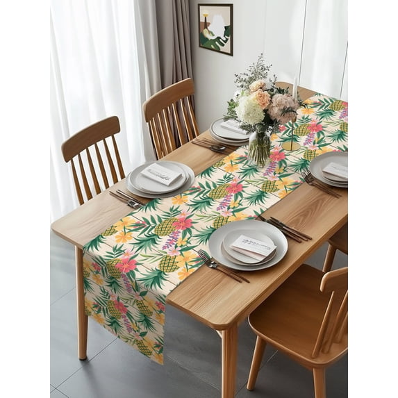 Burlap Table Runner 120 Inches Long, Tropical Plants Pineapple Flower ...