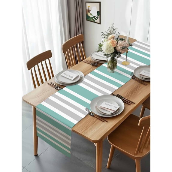 Burlap Table Runner 120 Inches Long, Turquoise Grey Minimalist Stripe ...