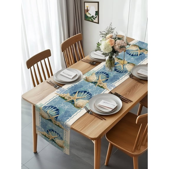 Burlap Table Runner 120 Inches Long, Underwater Starfish Shell Conch ...