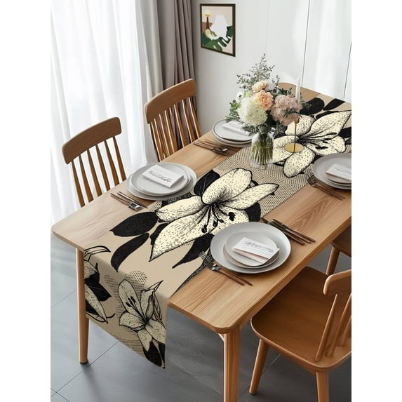 Burlap Table Runner 120 Inches Long, Vintage Beige Flower Black Leaf ...