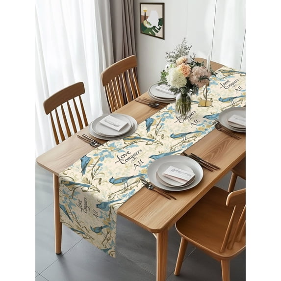 Burlap Table Runner 120 Inches Long, Vintage Flower Bird Non-Slip ...
