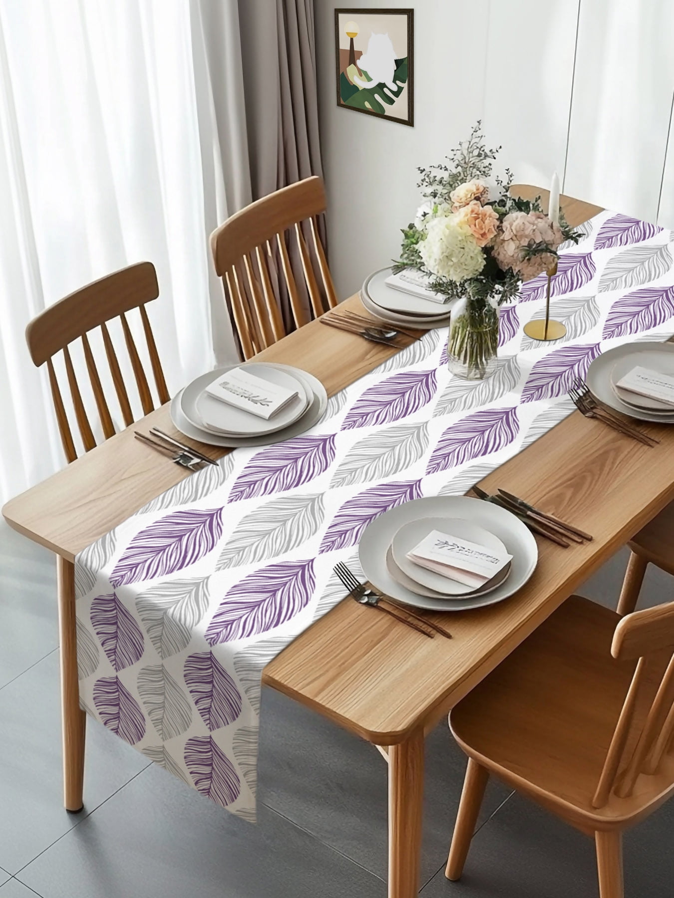 Burlap Table Runner 120 Inches Long, Vintage Purple Grey Leaf Non-Slip ...
