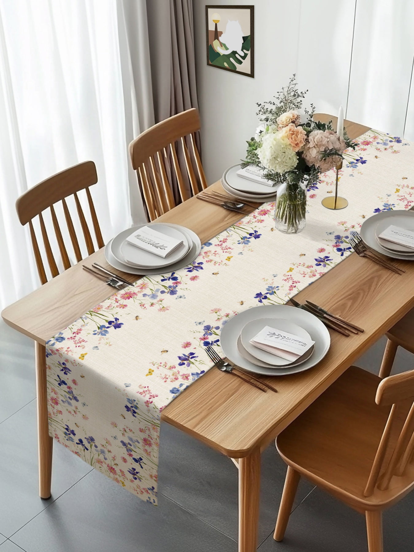 Burlap Table Runner 120 Inches Long, Vintage Spring Flowers Non-Slip ...