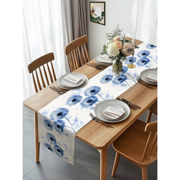 Burlap Table Runner 120 Inches Long, Watercolor Blue Dandelion on Beige ...