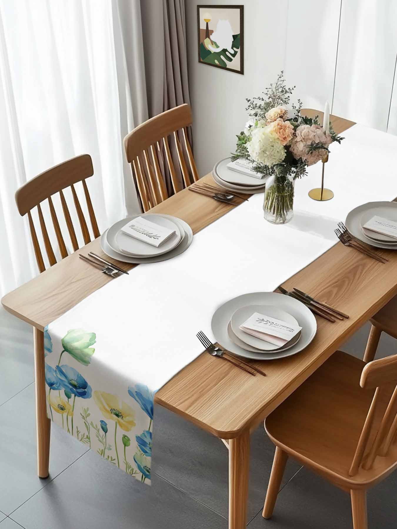 Burlap Table Runner 120 Inches Long, Watercolor Flower Blue Yellow ...