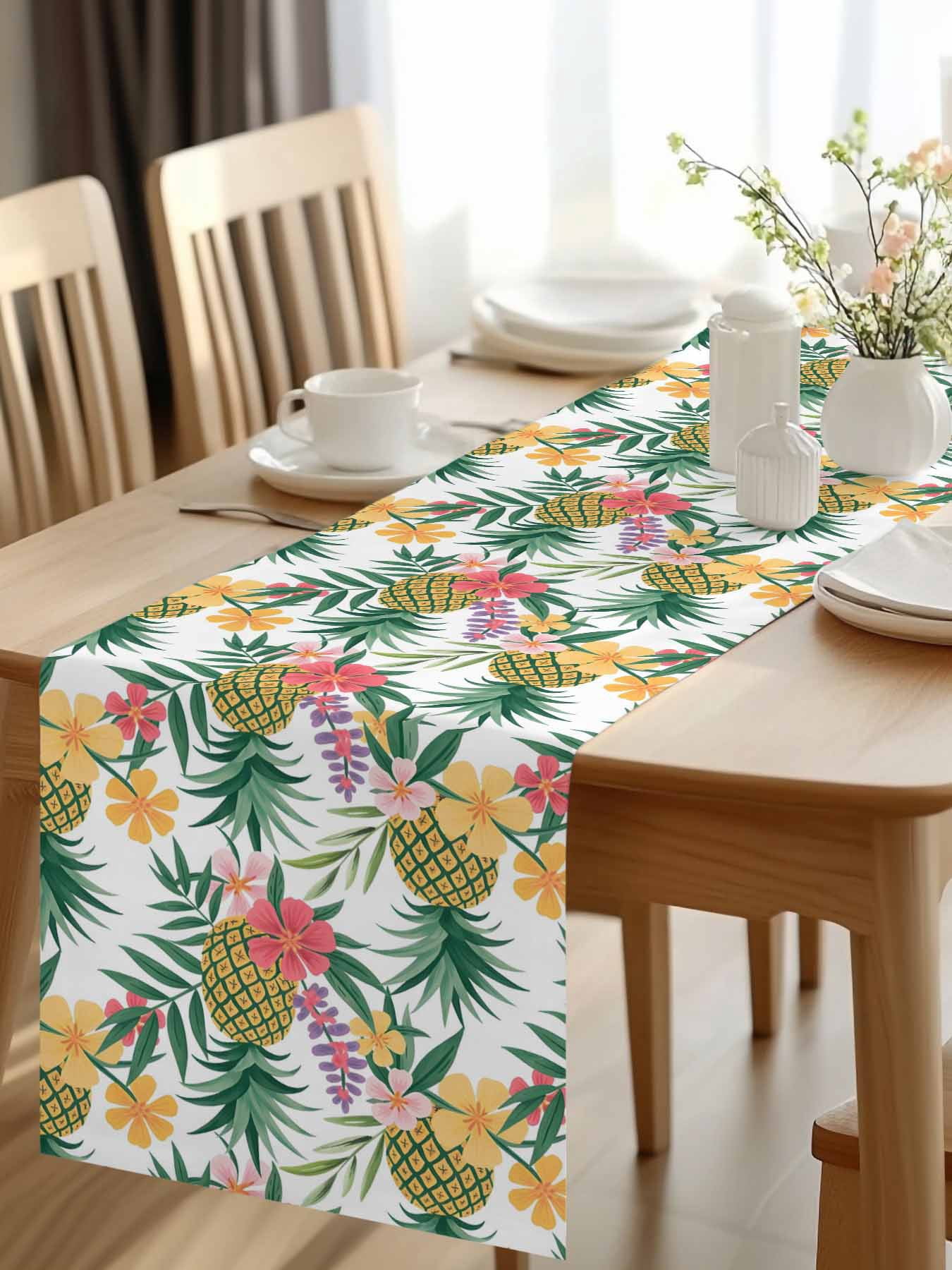 Burlap Table Runner 120 Inches Long, Watercolor Flower Pineapple Fruit ...