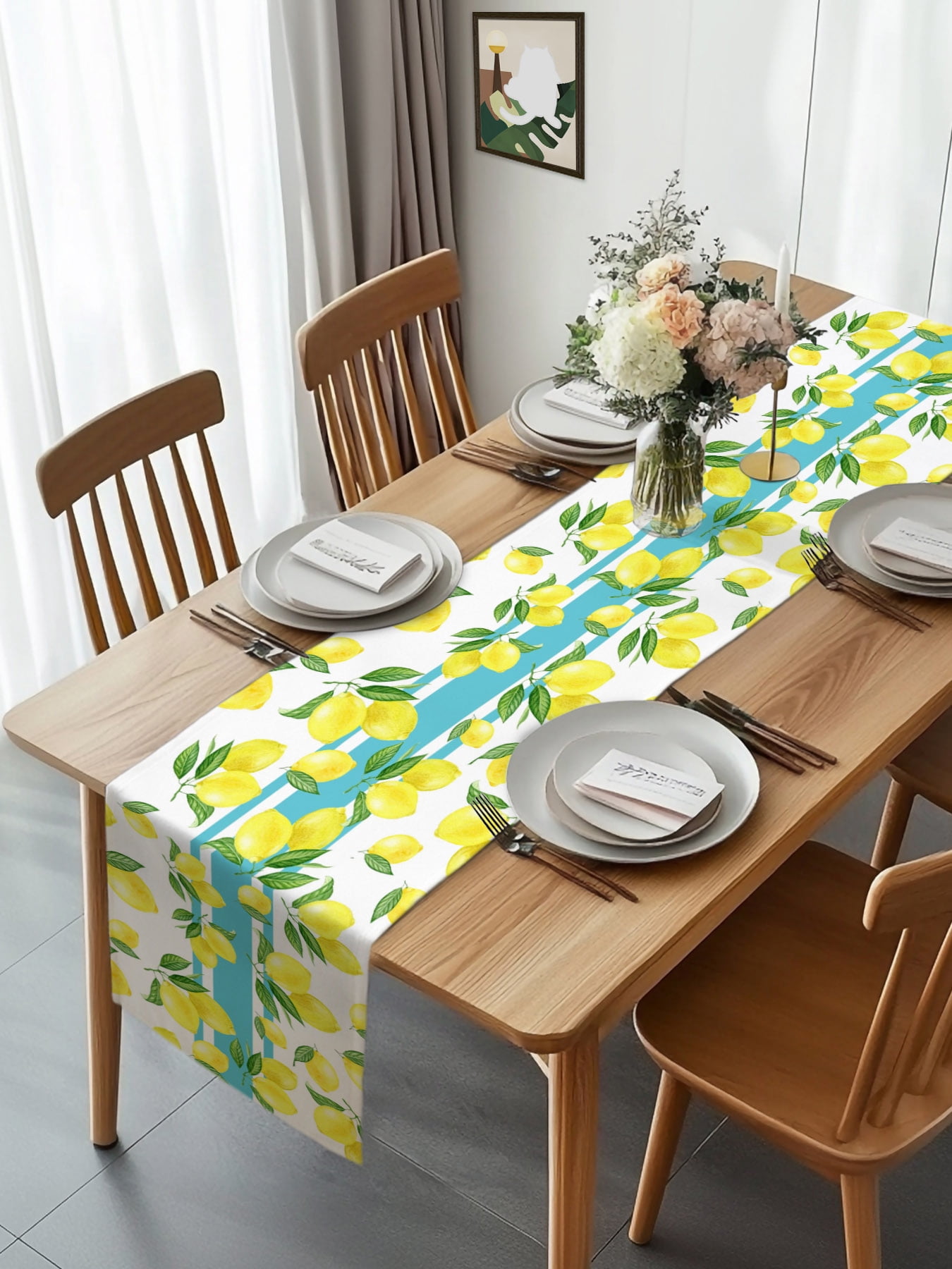Burlap Table Runner 120 Inches Long, Watercolor Lemon Fruit Art Non ...