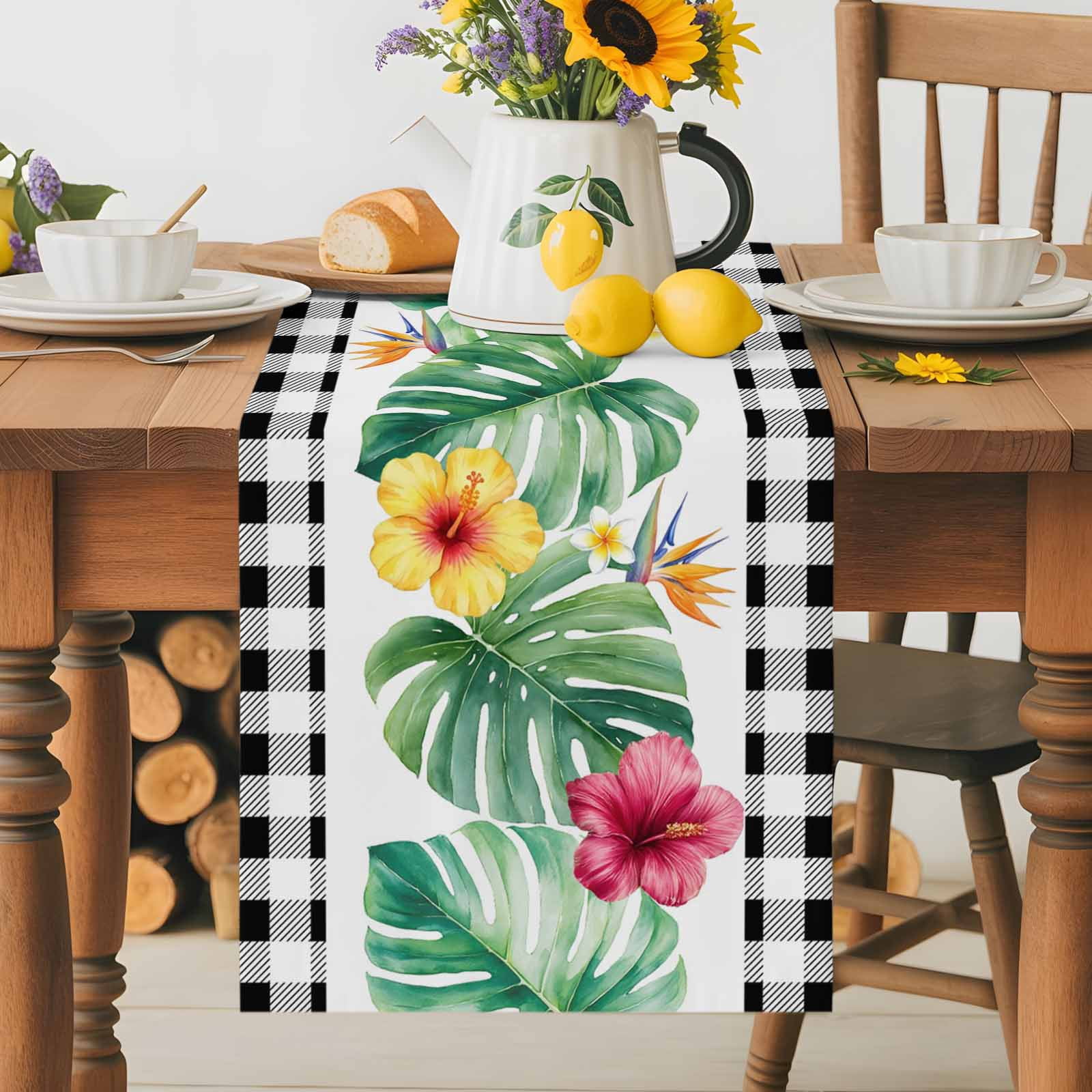 Burlap Table Runner 120 Inches Long, Watercolor Monstera Hibiscus Plaid ...