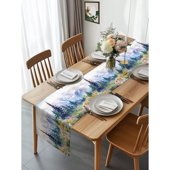 Burlap Table Runner 120 Inches Long, Watercolor Mountain Forest Scenery ...