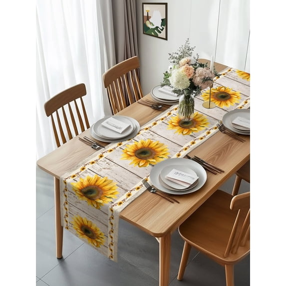 Burlap Table Runner 120 Inches Long, Watercolor Sunflower Berry on Wood ...